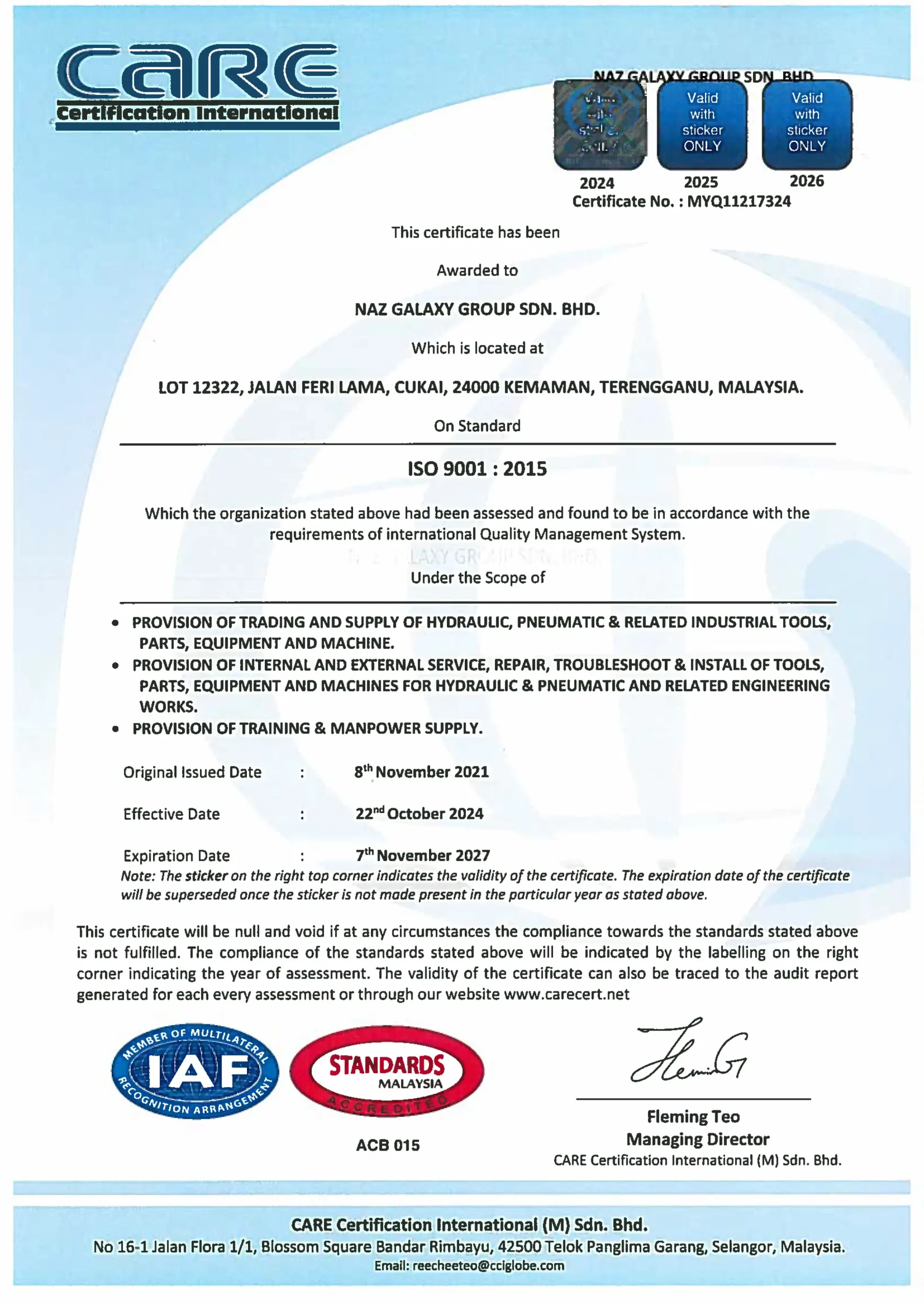 Letter of Authorization & Certification – NAZ GALAXY GROUP SDN. BHD.