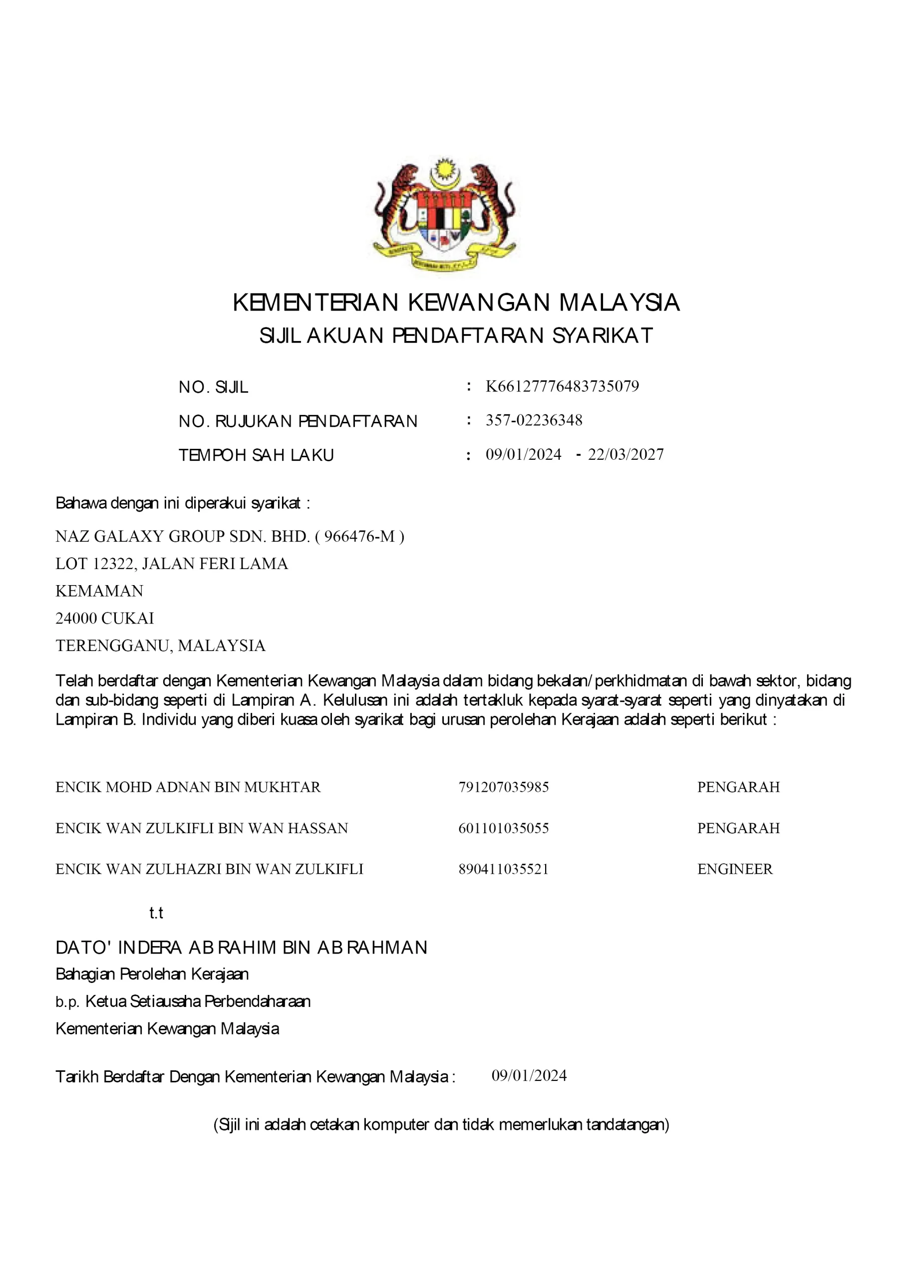 Letter of Authorization & Certification – NAZ GALAXY GROUP SDN. BHD.