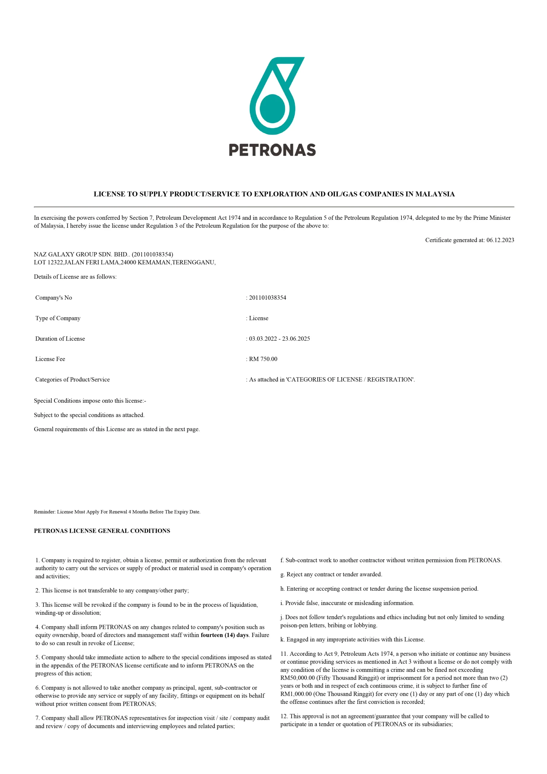 Letter of Authorization & Certification – NAZ GALAXY GROUP SDN. BHD.