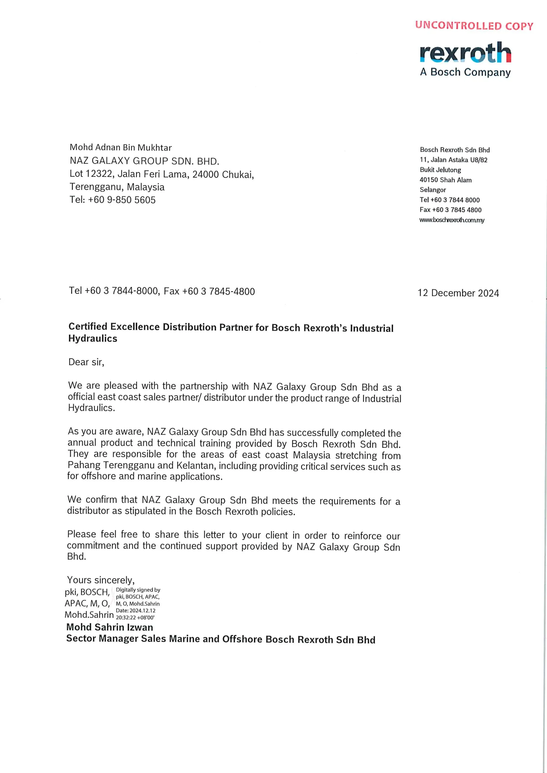 Letter of Authorization & Certification – NAZ GALAXY GROUP SDN. BHD.