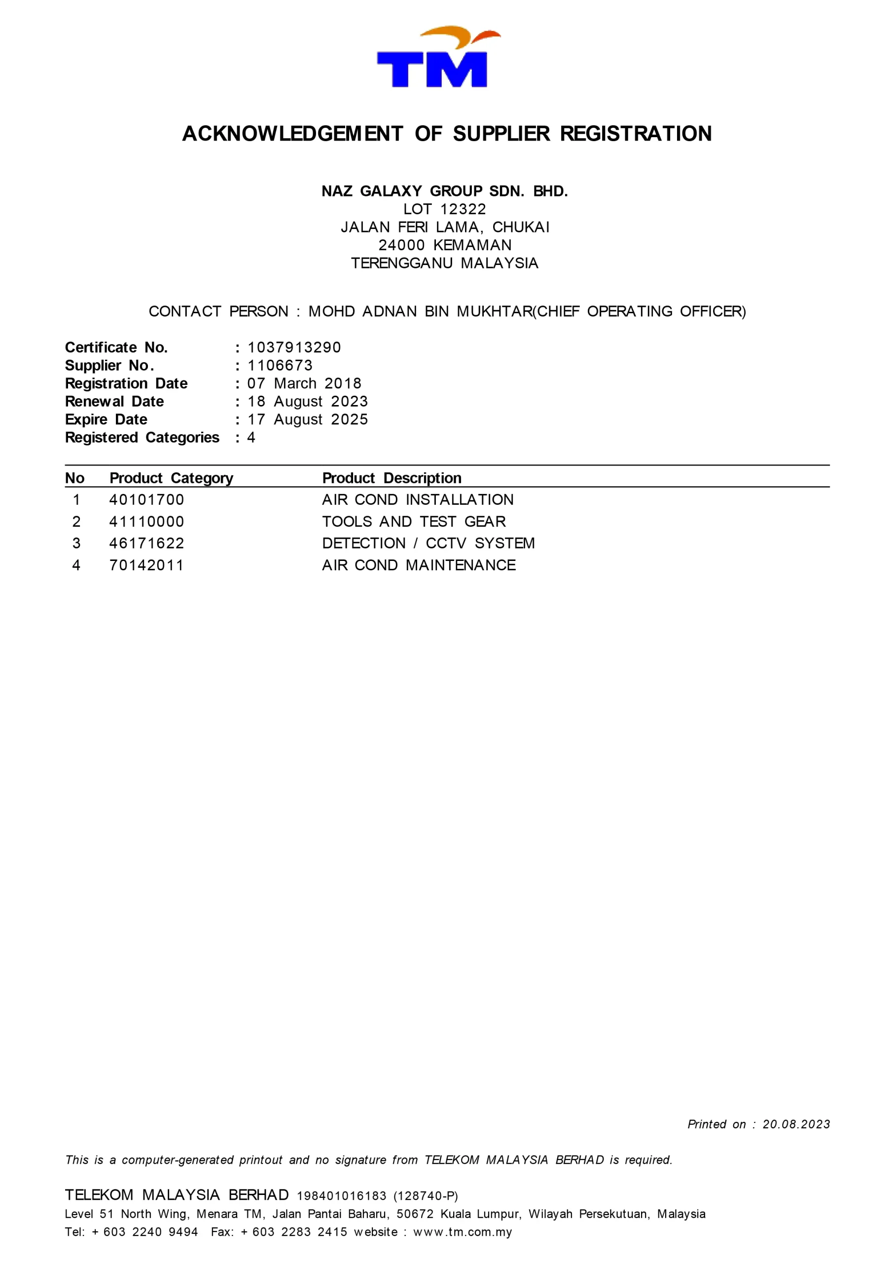 Letter of Authorization & Certification – NAZ GALAXY GROUP SDN. BHD.